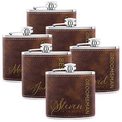 Personalized Flask For Wedding Groomsmen Gift, Customized Flask Set FREE Personalization - Laser Engraved - Design -6 (Leatherette, 6)