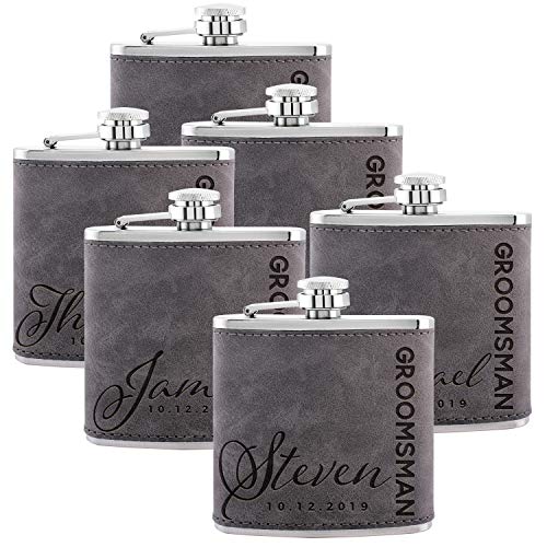 Personalized Flask For Wedding Groomsmen Gift, Customized Flask Set FREE Personalization - Laser Engraved - Design -6 (Leatherette, 6)