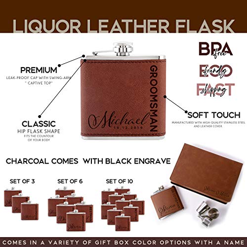 Personalized Flask For Wedding Groomsmen Gift, Customized Flask Set FREE Personalization - Laser Engraved - Design -6 (Leatherette, 6)