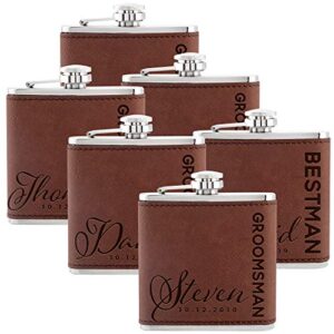 Personalized Flask For Wedding Groomsmen Gift, Customized Flask Set FREE Personalization - Laser Engraved - Design -6 (Leatherette, 6)