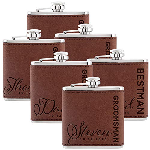 Personalized Flask For Wedding Groomsmen Gift, Customized Flask Set FREE Personalization - Laser Engraved - Design -6 (Leatherette, 6)