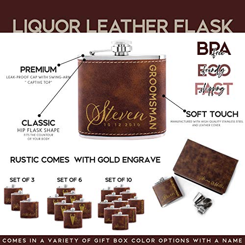 Personalized Flask For Wedding Groomsmen Gift, Customized Flask Set FREE Personalization - Laser Engraved - Design -6 (Leatherette, 6)