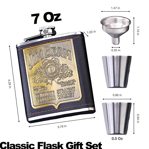 QHYDZ Shot Flask 7oz-Stainless Steel Funnel and Shot Glasses Flask Set(Classic Shield), Gift for Men-Hip Flask for Whiskey and Spirits, Used for Camping Climbing Hiking Picnic, Multicolor, EA-006-J