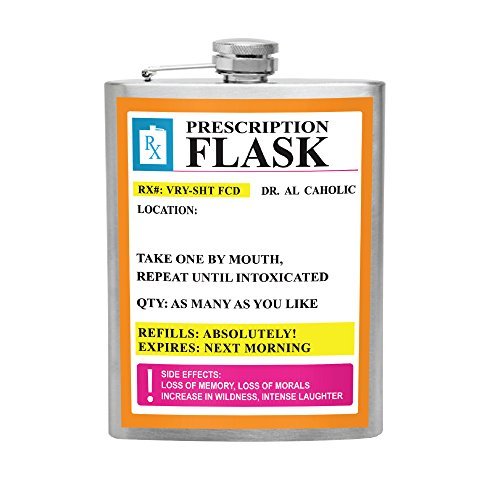 Stainless Steel Flask 'RX Prescription' Spirit Hip Flask 8 oz Funny Unique Novelty Flasks for Men & Women, Best Bachelor Party Great Gag Gifts for Vodka, Whiskey, Tequila