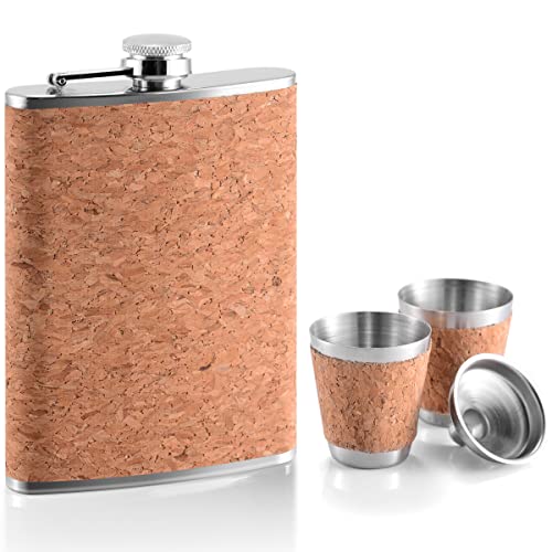 ULTRGEE Hip Flask, Leakproof Flasks [8oz] with 2 Cups & Funnel, Men’s Gift Flask for Whisky Liquor Spirits Adopted Stainless Steel & Cork PU Leather