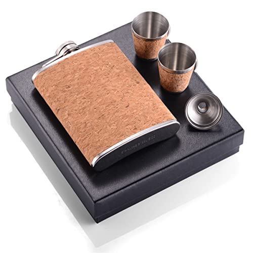 ULTRGEE Hip Flask, Leakproof Flasks [8oz] with 2 Cups & Funnel, Men’s Gift Flask for Whisky Liquor Spirits Adopted Stainless Steel & Cork PU Leather