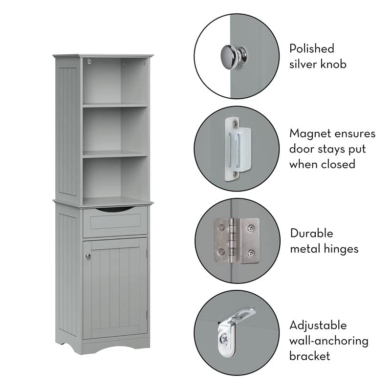 RiverRidge, Gray Ashland Bathroom Freestanding Storage Cabinet with Three Open Shelves and Drawer, Size