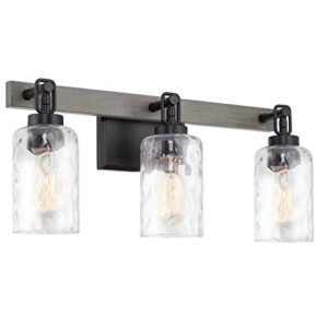 kira home ashland 23.5″ 3-light farmhouse bathroom/vanity light + hammered glass shades, gray oak wood style + black finish