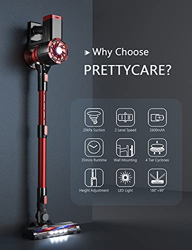 PRETTYCARE Cordless Vacuum Cleaner, 180W Powerful Suction Stick Vacuum with 35min Long Runtime Detachable Battery, 4 in 1 Lightweight Quiet Vacuum Cleaner Perfect for Hardwood Floor Pet Hair