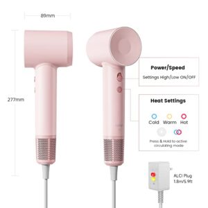 Laifen Hair Dryer Swift SE, 200 Million Negative Ionic Blow Dryer with 105,000 RPM Brushless Motor 1400W Powerful for Fast Drying High-Speed Low Noise Hairdryer for Home, Travel (Matte Pink)