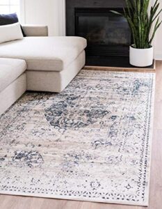 unique loom chateau collection distressed vintage traditional textured dark blue area rug (8′ 0 x 10′ 0), beige/navy blue