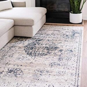 Unique Loom Chateau Collection Distressed Vintage Traditional Textured Dark Blue Area Rug (8' 0 x 10' 0), beige/navy blue