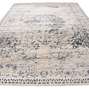 Unique Loom Chateau Collection Distressed Vintage Traditional Textured Dark Blue Area Rug (8' 0 x 10' 0), beige/navy blue