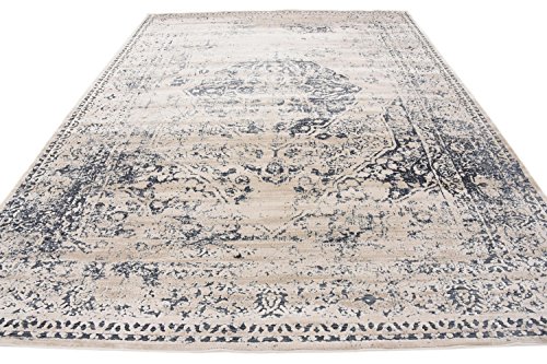 Unique Loom Chateau Collection Distressed Vintage Traditional Textured Dark Blue Area Rug (8' 0 x 10' 0), beige/navy blue