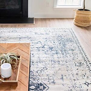 Unique Loom Chateau Collection Distressed Vintage Traditional Textured Dark Blue Area Rug (8' 0 x 10' 0), beige/navy blue