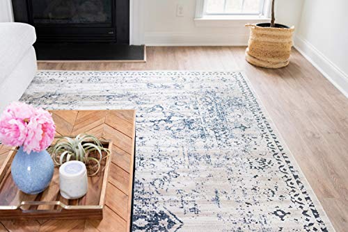 Unique Loom Chateau Collection Distressed Vintage Traditional Textured Dark Blue Area Rug (8' 0 x 10' 0), beige/navy blue