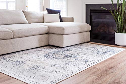 Unique Loom Chateau Collection Distressed Vintage Traditional Textured Dark Blue Area Rug (8' 0 x 10' 0), beige/navy blue