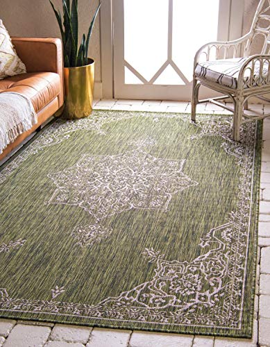 Unique Loom Collection Traditional Classic Heathered Center Medallion Indoor/Outdoor Flatweave Area Rug, Rectangular 4' 0" x 6' 0", Green/Gray