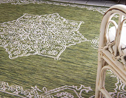 Unique Loom Collection Traditional Classic Heathered Center Medallion Indoor/Outdoor Flatweave Area Rug, Rectangular 4' 0" x 6' 0", Green/Gray