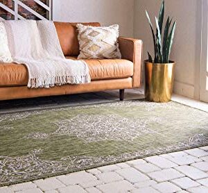 Unique Loom Collection Traditional Classic Heathered Center Medallion Indoor/Outdoor Flatweave Area Rug, Rectangular 4' 0" x 6' 0", Green/Gray