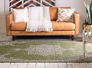 Unique Loom Collection Traditional Classic Heathered Center Medallion Indoor/Outdoor Flatweave Area Rug, Rectangular 4' 0" x 6' 0", Green/Gray