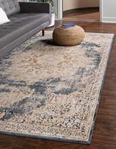 unique loom chateau collection vintage, distressed, medallion, rustic, traditional area rug, 9′ 0″ x 12′ 0″, beige/navy blue