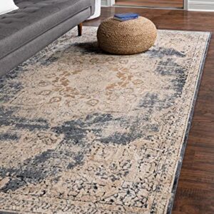 Unique Loom Chateau Collection Vintage, Distressed, Medallion, Rustic, Traditional Area Rug, 9' 0" x 12' 0", Beige/Navy Blue