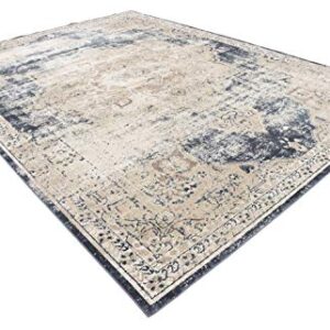 Unique Loom Chateau Collection Vintage, Distressed, Medallion, Rustic, Traditional Area Rug, 9' 0" x 12' 0", Beige/Navy Blue