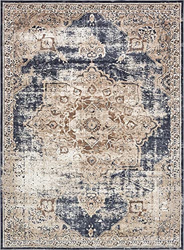 Unique Loom Chateau Collection Vintage, Distressed, Medallion, Rustic, Traditional Area Rug, 9' 0" x 12' 0", Beige/Navy Blue