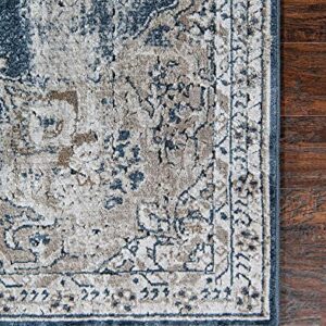 Unique Loom Chateau Collection Vintage, Distressed, Medallion, Rustic, Traditional Area Rug, 9' 0" x 12' 0", Beige/Navy Blue