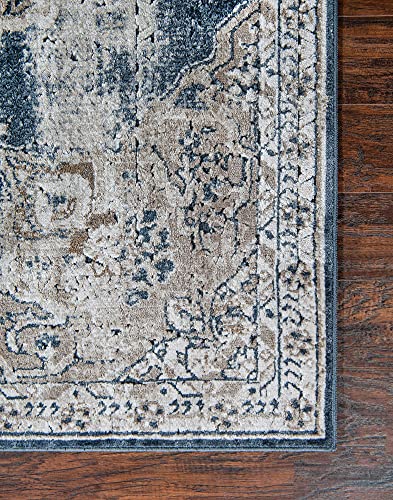 Unique Loom Chateau Collection Vintage, Distressed, Medallion, Rustic, Traditional Area Rug, 9' 0" x 12' 0", Beige/Navy Blue