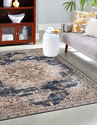 Unique Loom Chateau Collection Vintage, Distressed, Medallion, Rustic, Traditional Area Rug, 9' 0" x 12' 0", Beige/Navy Blue