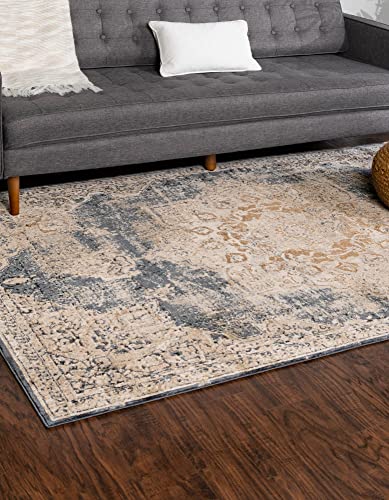 Unique Loom Chateau Collection Vintage, Distressed, Medallion, Rustic, Traditional Area Rug, 9' 0" x 12' 0", Beige/Navy Blue