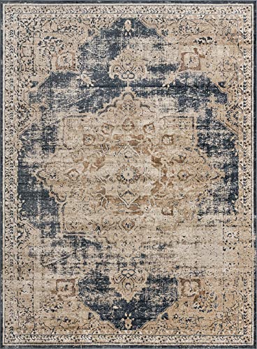 Unique Loom Chateau Collection Vintage, Distressed, Medallion, Rustic, Traditional Area Rug, 9' 0" x 12' 0", Beige/Navy Blue