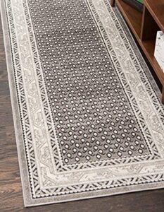 unique loom williamsburg collection traditional border with dotted center area rug, runner 2′ 9″ x 9′ 10″, gray/beige