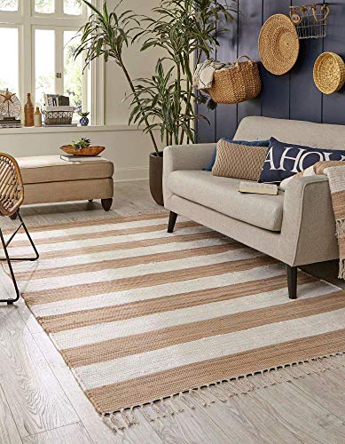 Unique Loom Chindi Rag Collection Hand Woven Striped Natural Fibers Beige Area Rug (8' 0 x 10' 0)