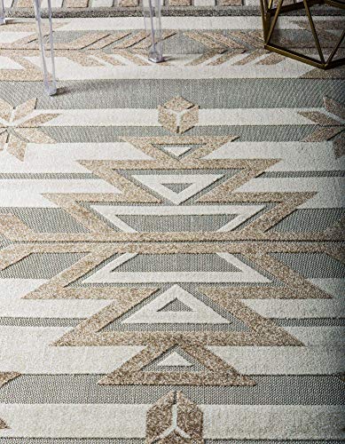 Unique Loom Modern Collection Geometric, High-Low Pile, Vintage, Arrows, Indoor and Outdoor Area Rug, 9 ft x 12 ft, Light Brown/Beige