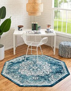 unique loom parker collection colorful medallion blue/ivory octagonal rug (7′ 10 x 7′ 10)