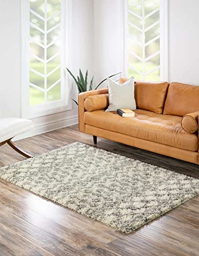 Unique Loom Moroccan Trellis Shag Collection Area Rug - Meknes (6' x 9' Rectangle, Ivory/Gray)