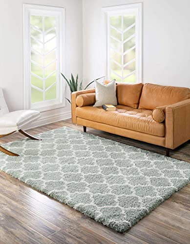 Unique Loom Rabat Shag Collection Area Rug - Marble (9' x 12' Rectangle, White Cyan/Ivory)