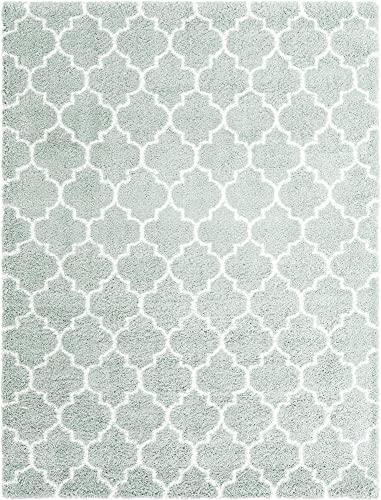 Unique Loom Rabat Shag Collection Area Rug - Marble (9' x 12' Rectangle, White Cyan/Ivory)