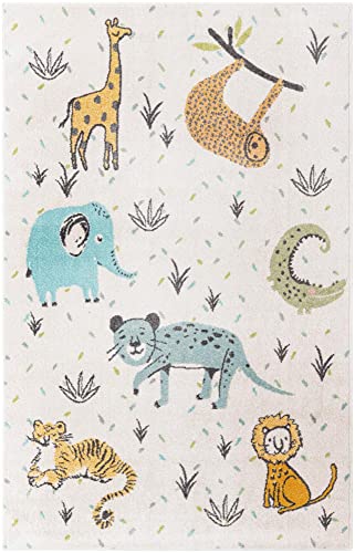 Unique Loom Whimsy Kids Collection Area Rug - Animals (Rectangular 5' 3" x 8' 0", Ivory/ Black)