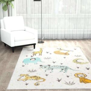 Unique Loom Whimsy Kids Collection Area Rug - Animals (Rectangular 5' 3" x 8' 0", Ivory/ Black)