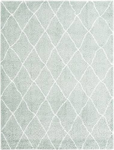 Unique Loom Rabat Shag Collection Area Rug - Trellis (9' x 12' Rectangle, White Cyan/Ivory)