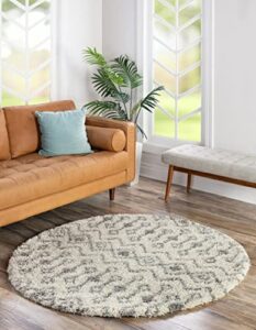 unique loom moroccan trellis shag collection area rug – meknes (10′ round, ivory/gray)