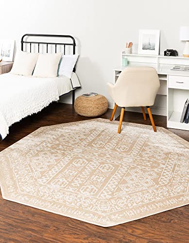 Unique Loom Oxford Collection Area Rug - Magdelan (7' Octagon, Beige/Ivory)