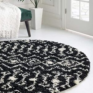 Unique Loom Moroccan Trellis Shag Collection Area Rug - Meknes (10' Round, Black and White)