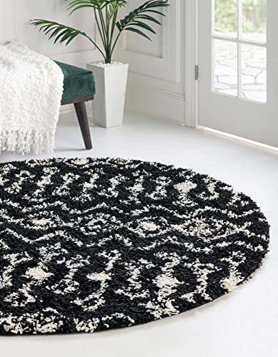 Unique Loom Moroccan Trellis Shag Collection Area Rug - Meknes (10' Round, Black and White)