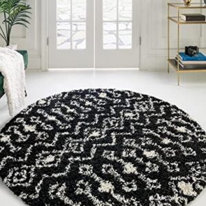 Unique Loom Moroccan Trellis Shag Collection Area Rug - Meknes (10' Round, Black and White)