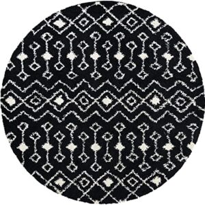 Unique Loom Moroccan Trellis Shag Collection Area Rug - Meknes (10' Round, Black and White)